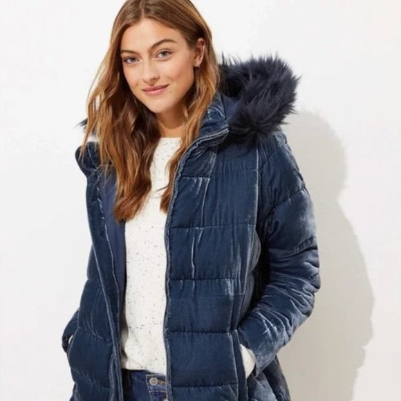 LOFT | Jackets & Coats | Loft Blue Velvet Puffer Coat With Faux Fur ...
